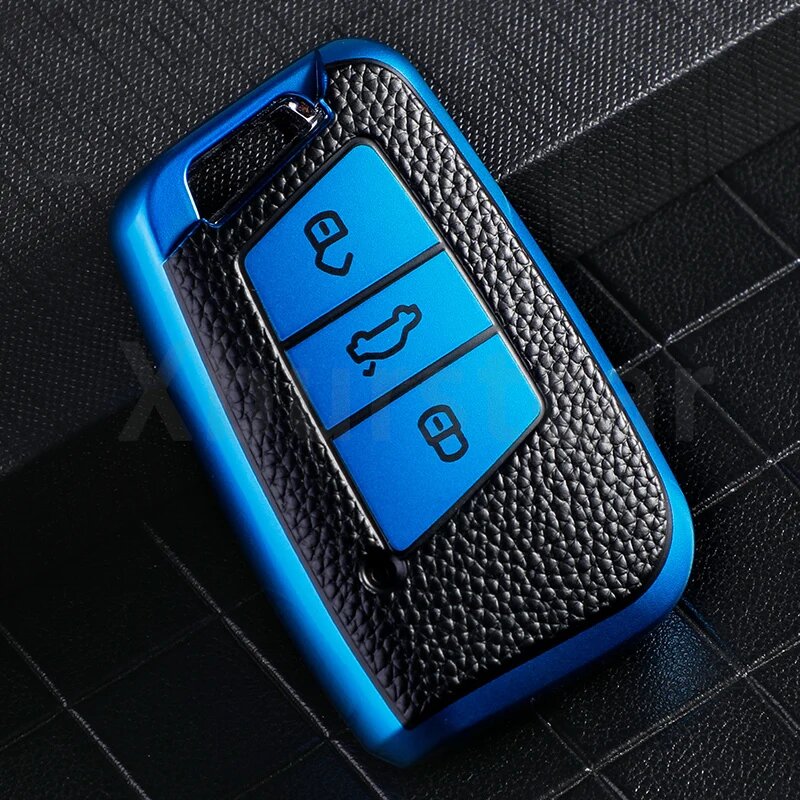 Чехол для ключа VW Skoda blue cover, кожаный, ТПУ