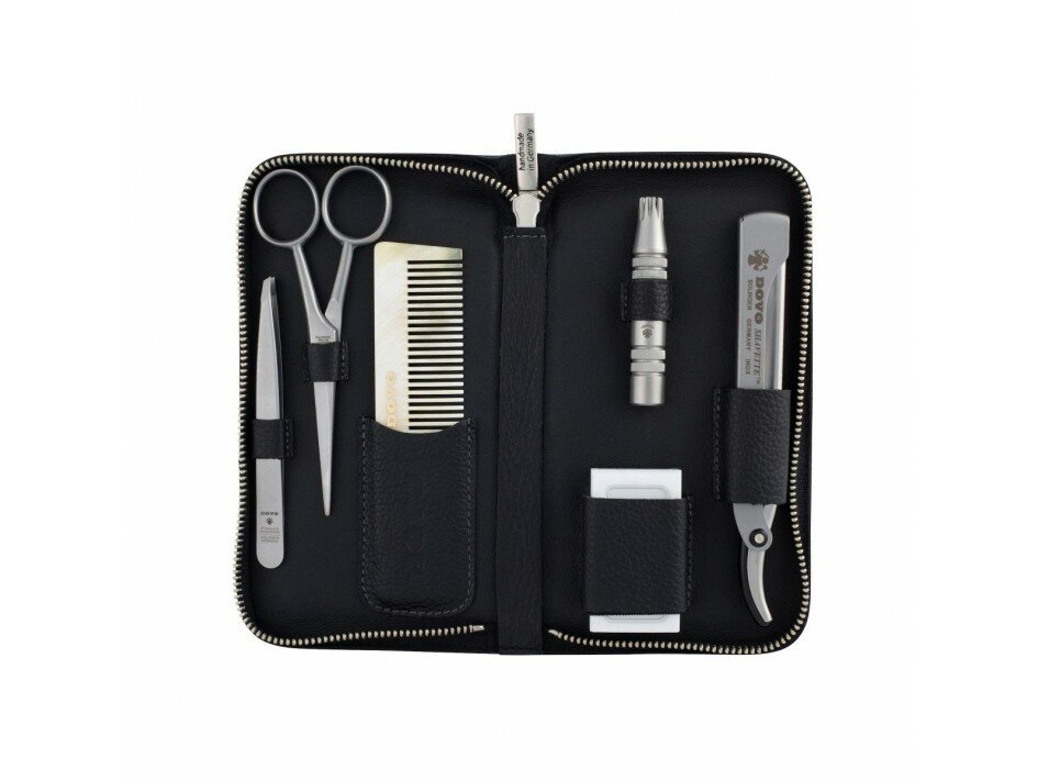 Дорожный набор для бритья и ухода за бородой и усами в кожаном футляре DOVO Beard & Grooming Set 6260182, нержавеющая сталь, Германия