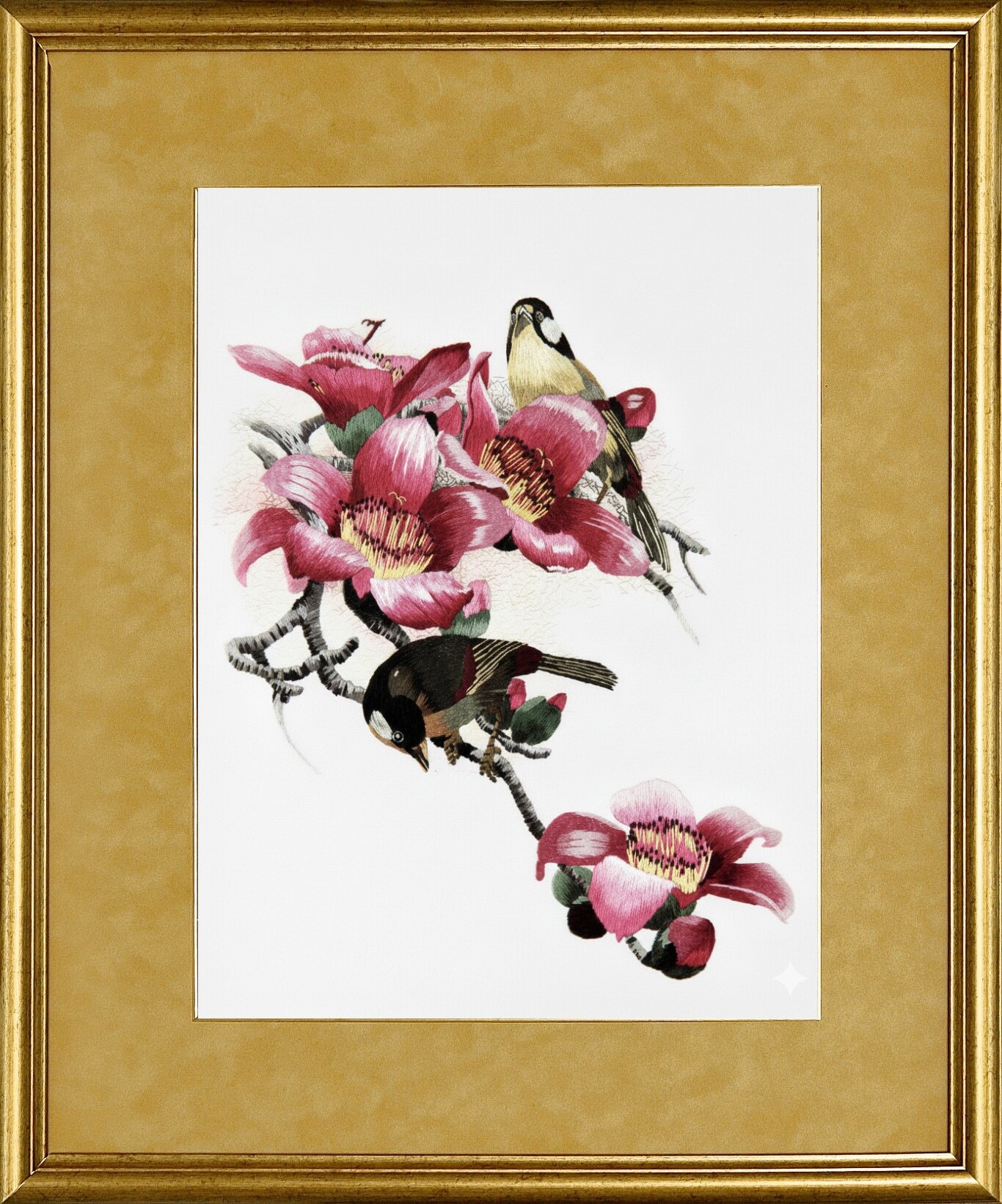 Картина Живой Шелк Две птички на розовой ветке, вышивка шелком ручная с 3Dэффектом/см 51х61х3/багет+паспарту