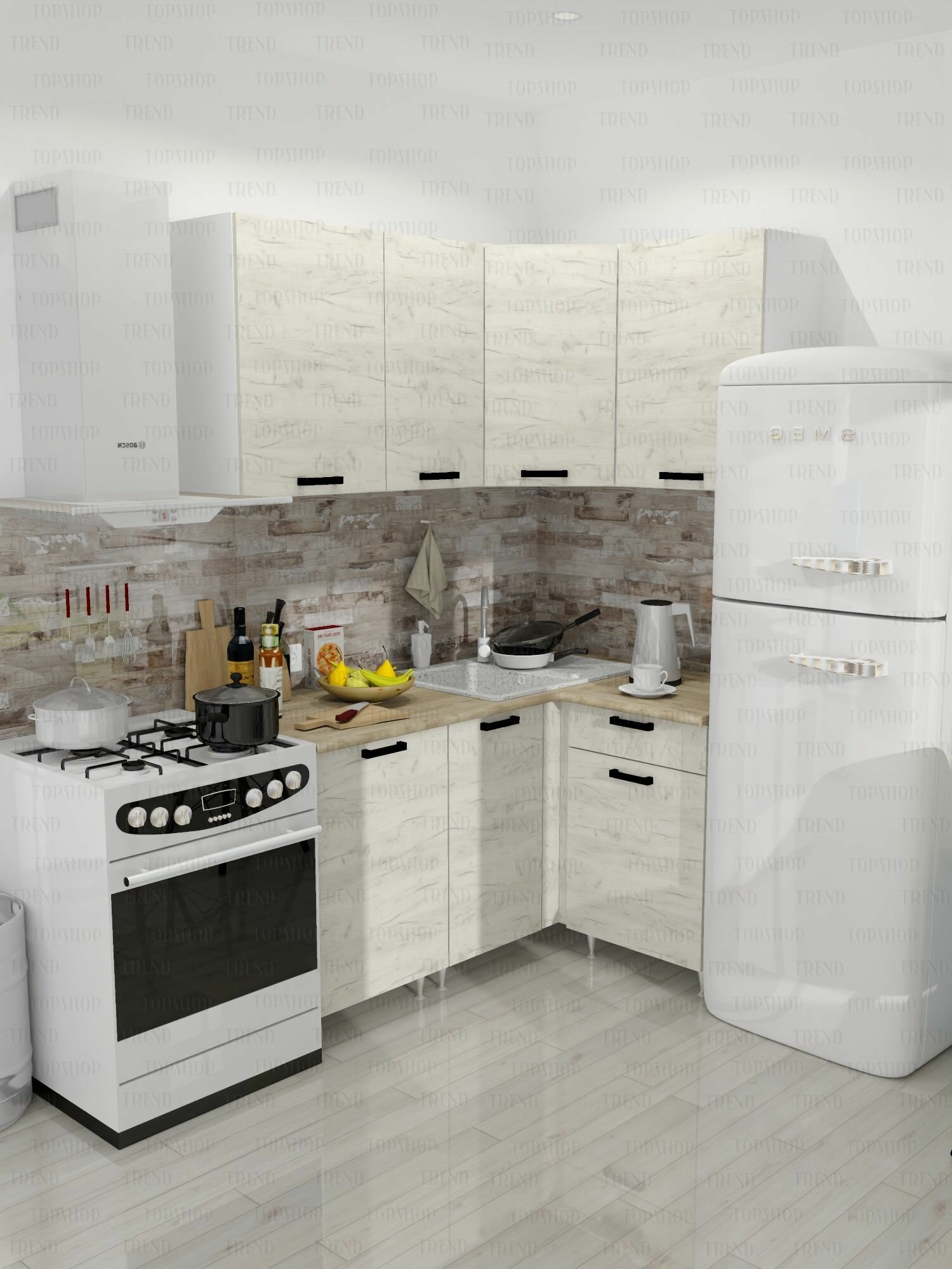 Кухонный гарнитур 150х110 см, Крафт белый /Сонома