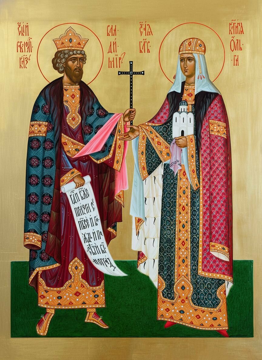 Освященная икона ручной работы на дереве Святых Князя Владимира и Княжны Ольги