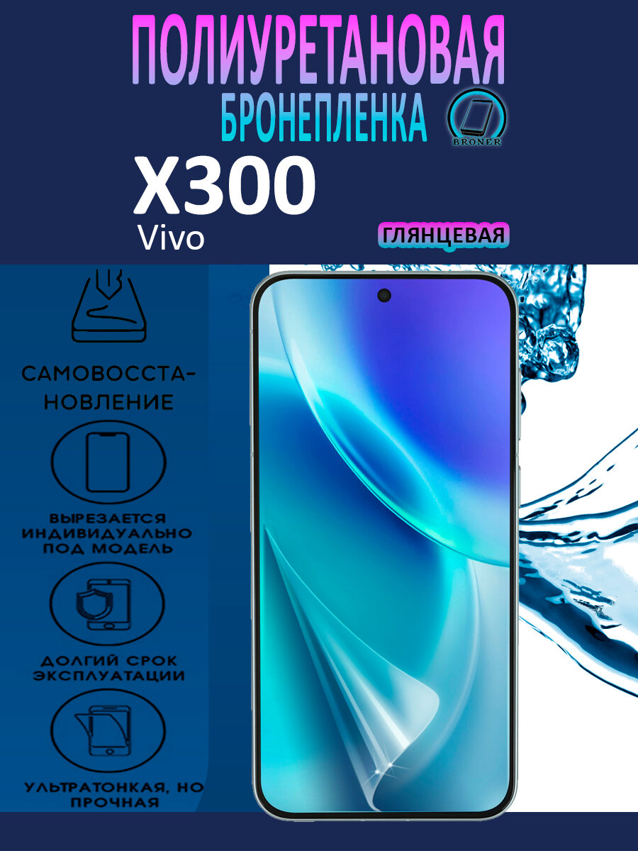 Полиуретановая бронепленка для Vivo X300 / Защитная плёнка на экран, совместима с чехлом, с вырезом под камеру / Глянцевая