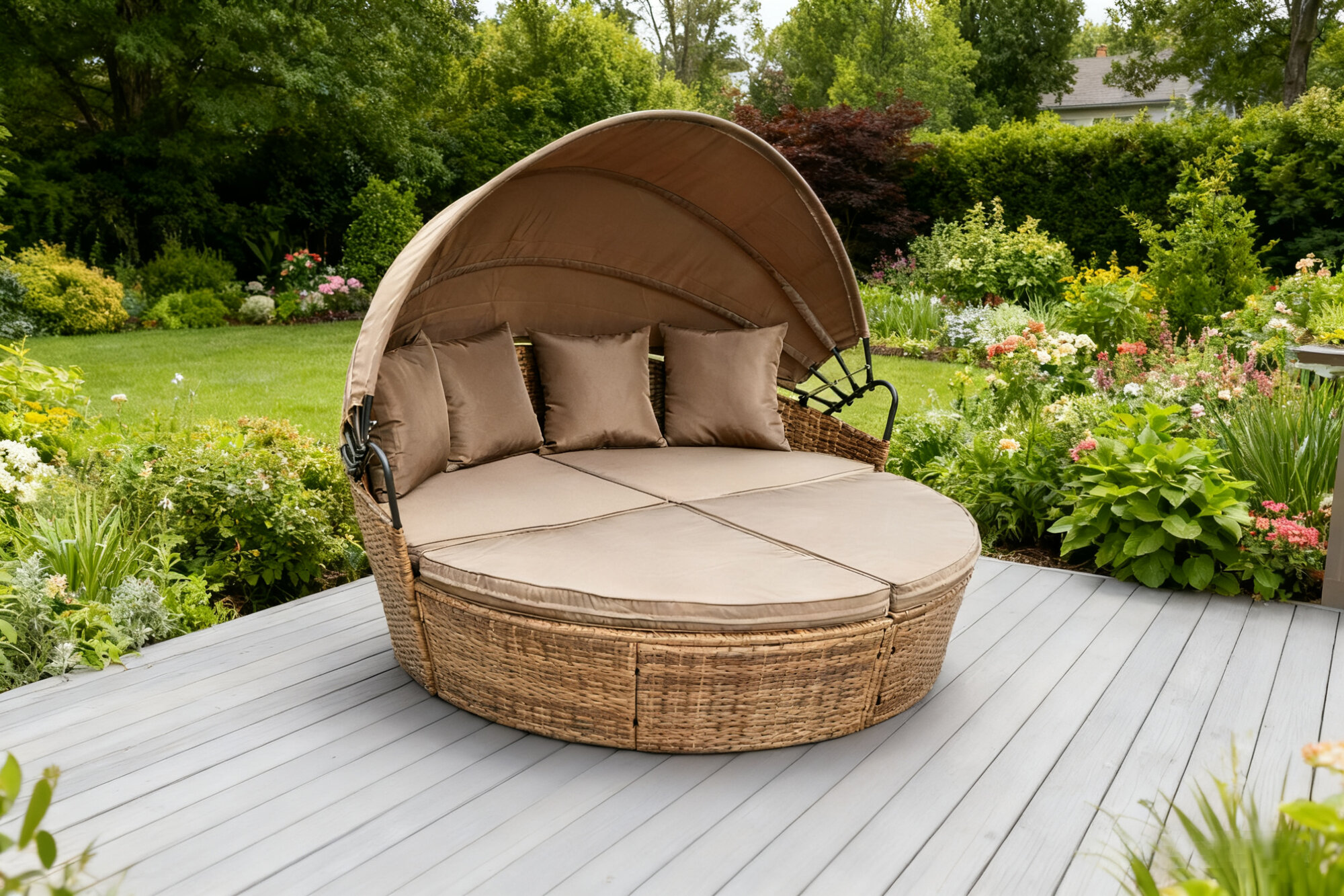 Шезлонг-трансформер Full Comfort - TREVI 180х145см (из круглой кровати в диван с подставкой)искусственный ротанг коричневый