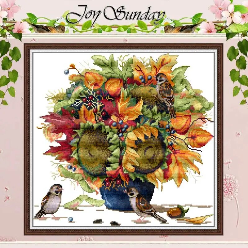 Набор для вышивки крестом Joy Sunday "Воробьи и цветы" 14CT picture printed