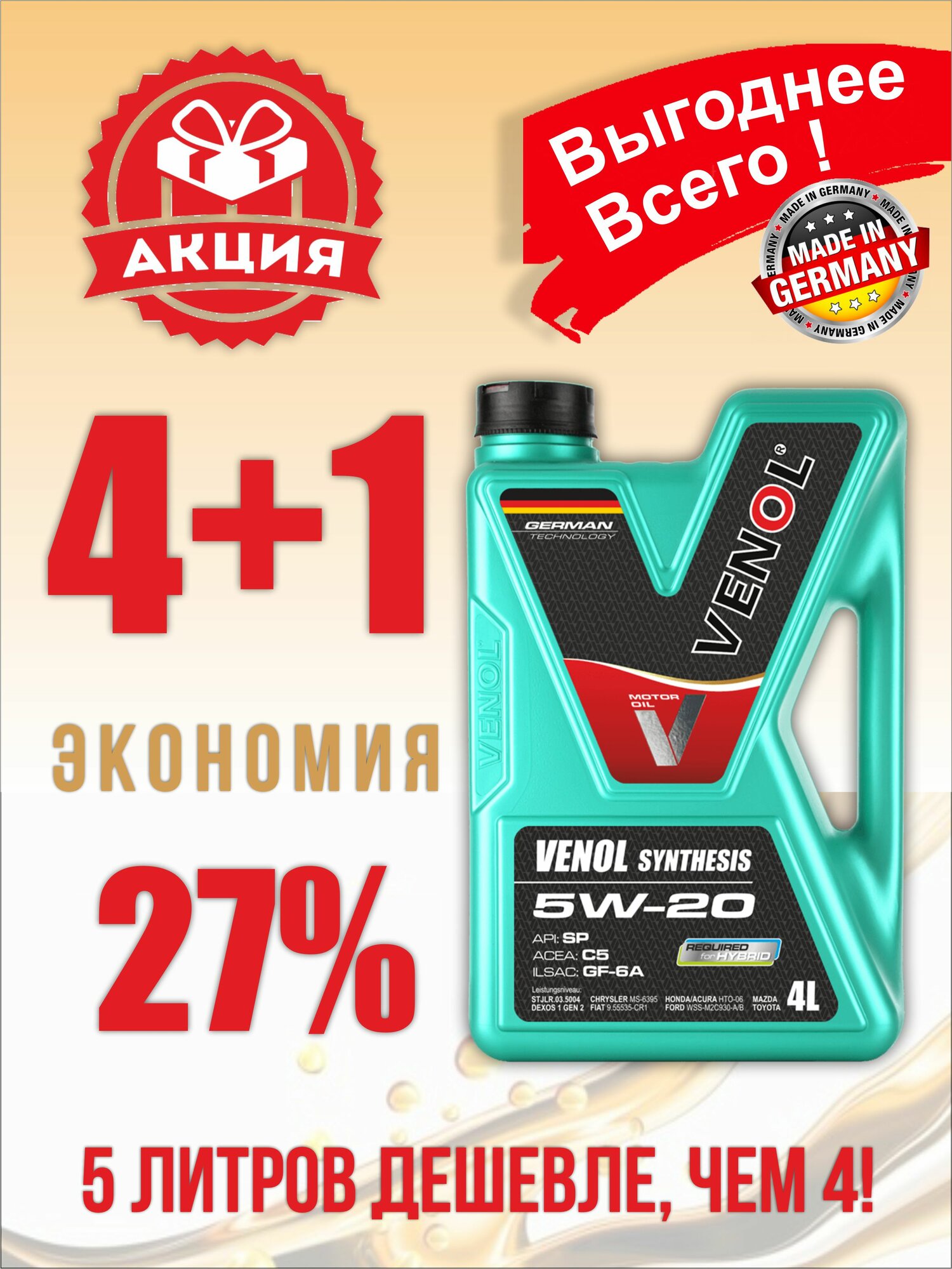 Моторное масло 5W20 SP C5 GF-6A SYNTHESIS, 5л (4+1)