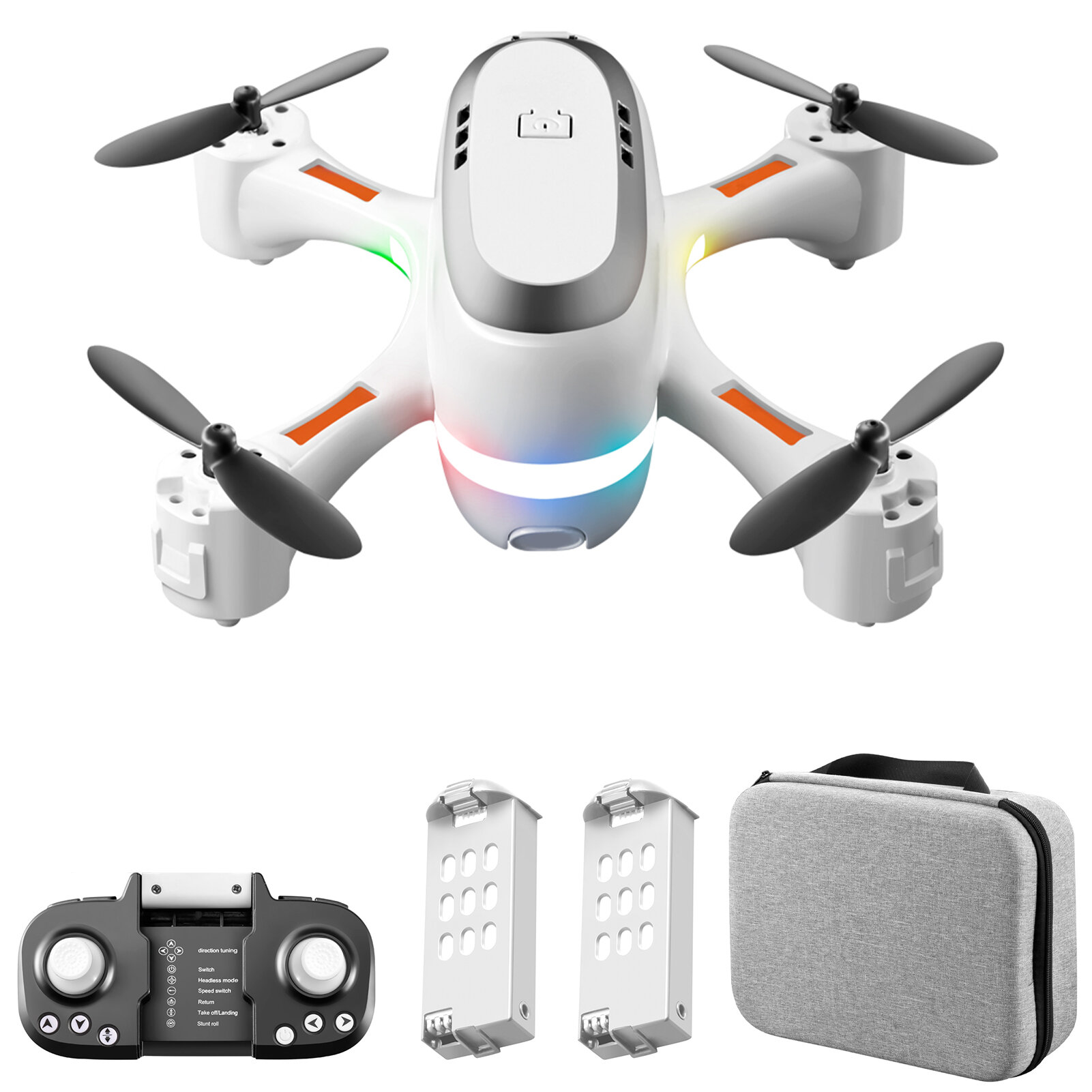 Мини дрон RC квадрокоптер с функцией беспilotного режима, одноклавишным взлетом и посадкой, одноклавишным возвращением, цветными огнями, в комплекте с сумкой для хранения и 2 батарейками, материал ABS, мотор щеточный, частота 2.4Ghz, батарея 3.7V 650mAh,