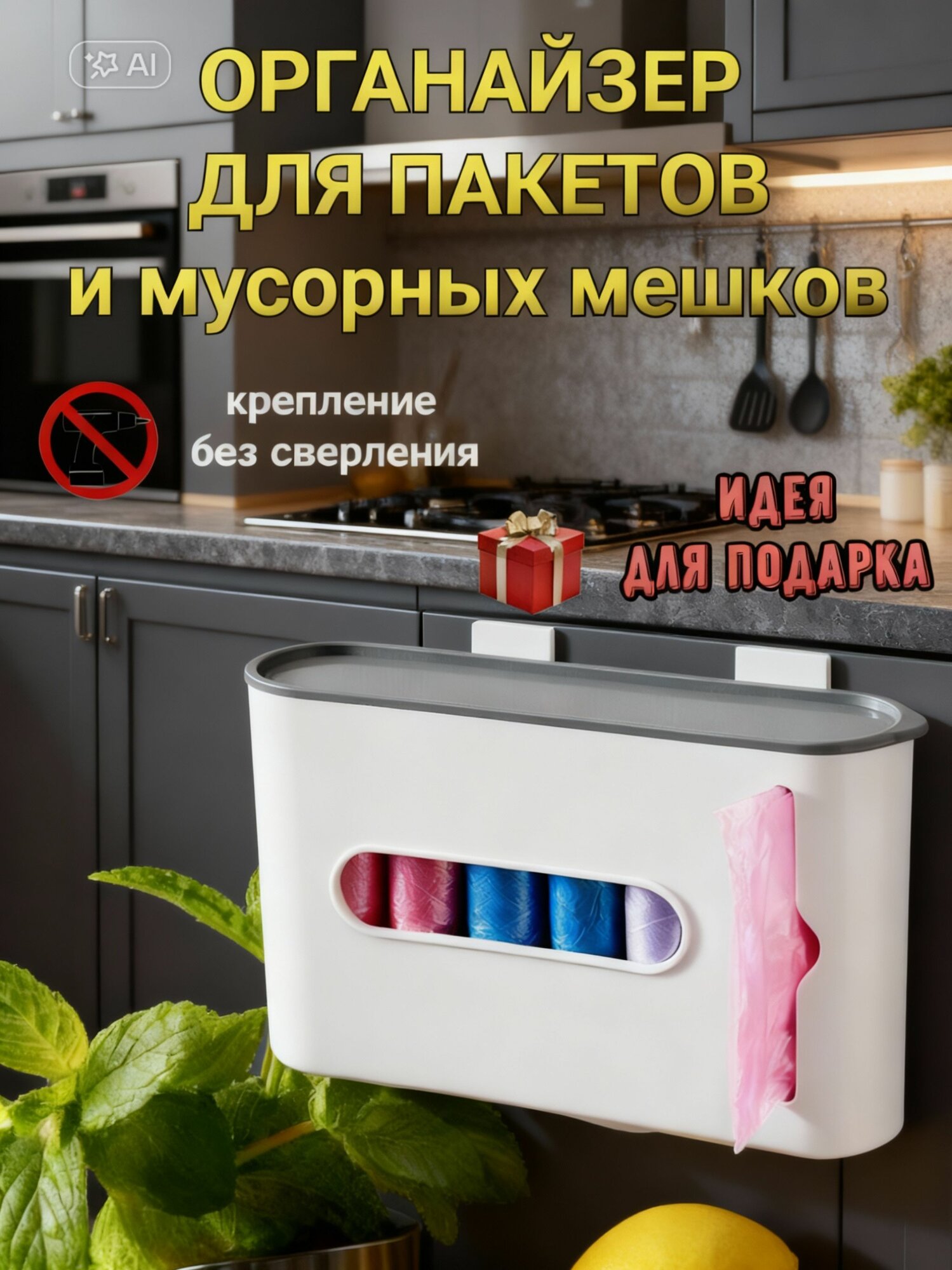 Органайзер для пакетов, бахил, держатель для пакетов самоклеющийся, корзина на кухню