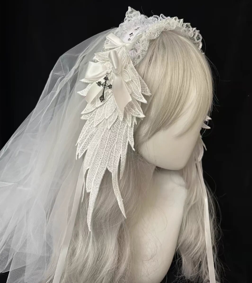 Головной убор в стиле Лолиты, крылья ангела, готическое перо ангела, ночная церковь, девственный крест, вышитая шаль, повязка на голову, вуаль, готическая Лолита
