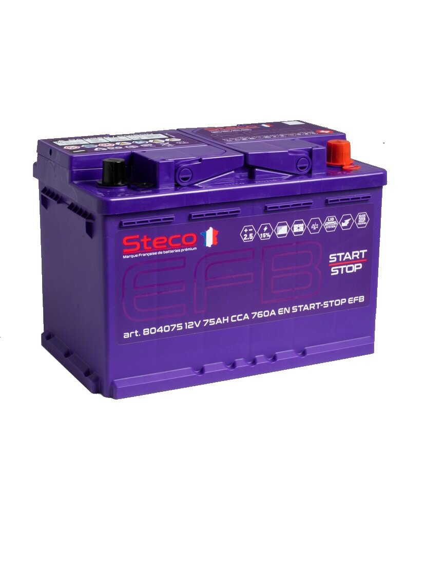 Аккумулятор STECO EFB Старт-Стоп 75ач, обратная полярность, 2025й год