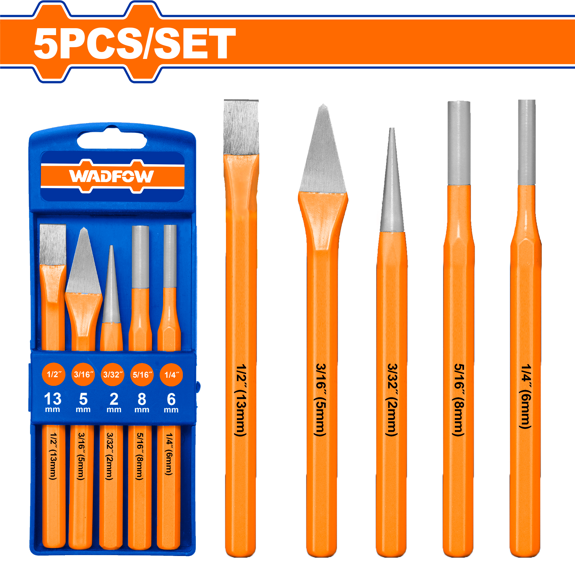 Набор зубил и выколоток (5предметов). Материал: сталь 40Cr "WADFOW"