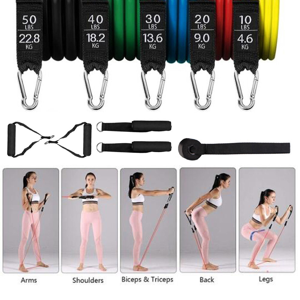 11-компонентный набор для фитнеса Fitness Puller Set Resistance Belt Kit из эластичных труб для тренировок, гимнастики, бодибилдинга и спортивных упражнений, включающий 5 резистентных ремней (желтый 5*8.5*1200мм 10lb, зеленый 5*9.5*1200мм 20lb, красный