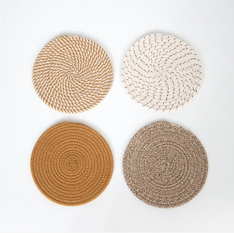 Круглая хлопковая веревочная плетеная подставка, термостойкая подставка, изоляционный коврик, подставка для кастрюль, японский простой стиль, декор для обеденного стола, оптовая продажа подставок