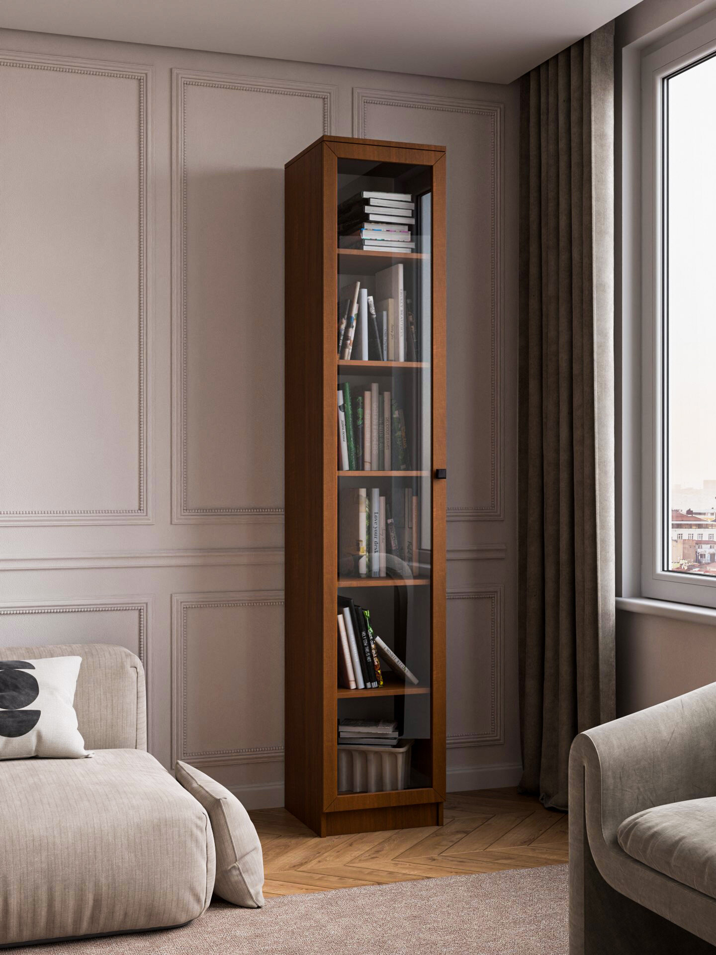 Шкаф для книг узкий Вест 1.1, 34х38х210 см, со стеклянной дверцей, шкаф-пенал с полками, орех экко