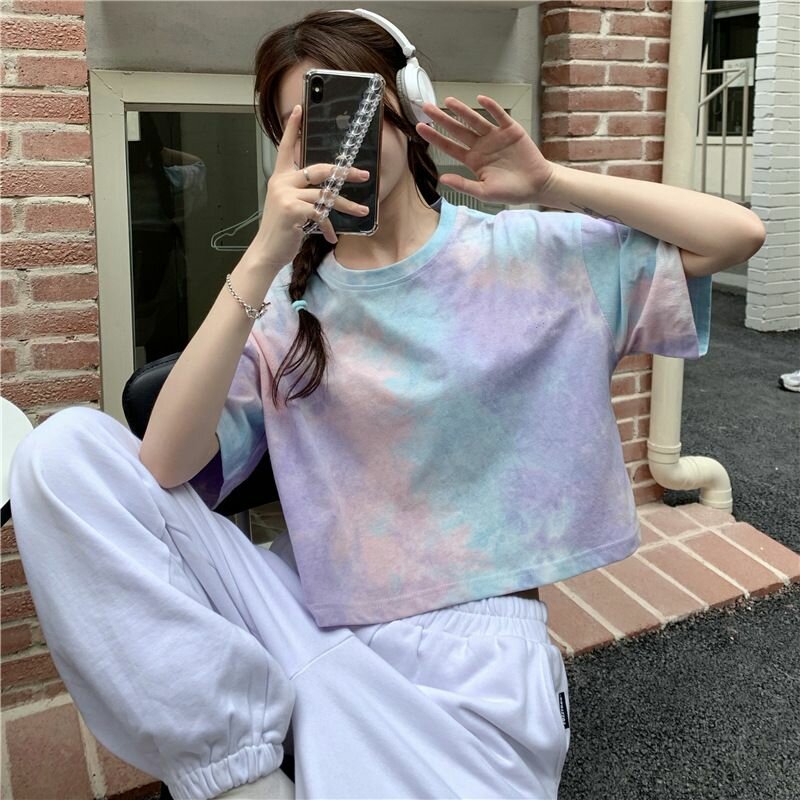 Женская летняя футболка с короткими рукавами в стиле пупочной ткани tie-dye