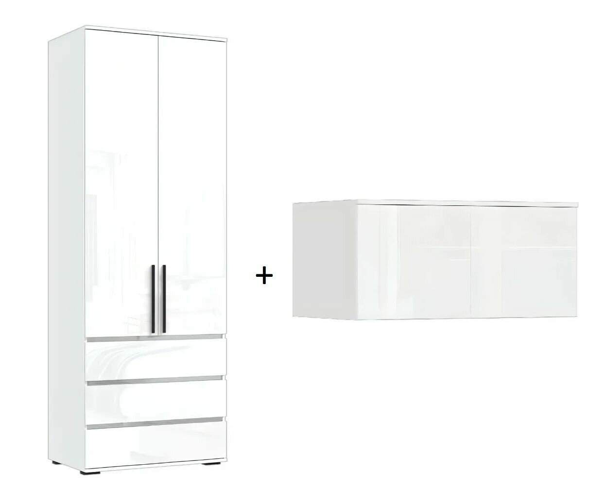 Норд Шкаф 2-х ств. 80 см. с ящиками + антресоль Белый глянец, белый