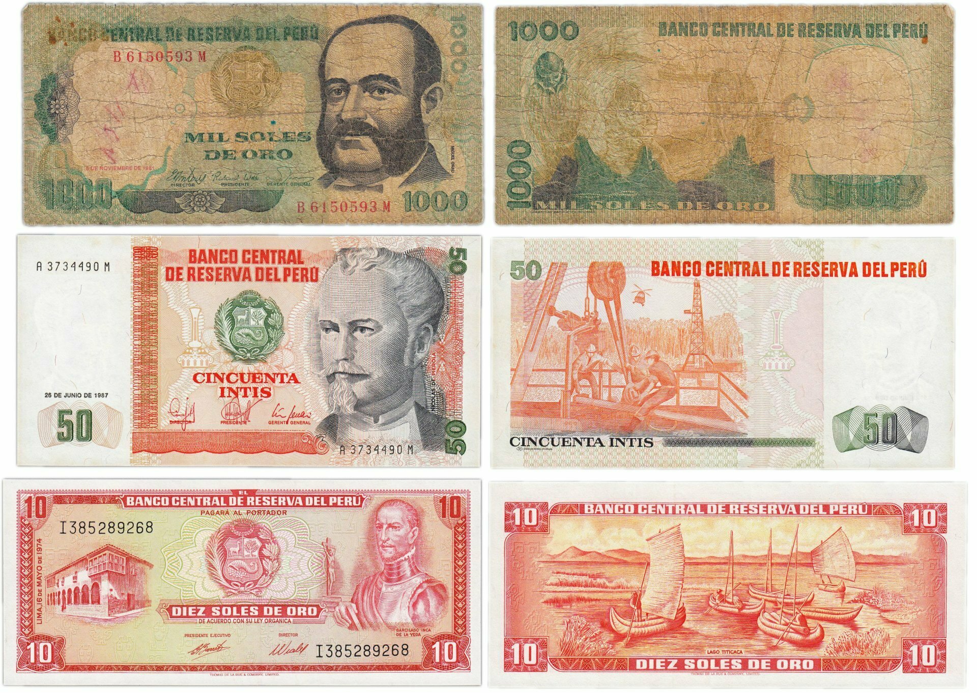 Перу набор из 3 банкнот 50 инти, 10 и 1000 солей 1974-1987