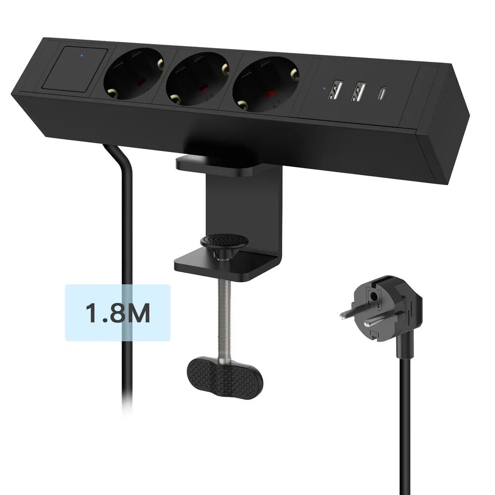 Розетка рабочего стола с USB и type-C, с зажимом для настольного монтажа, 3 розетки, 16A , черный