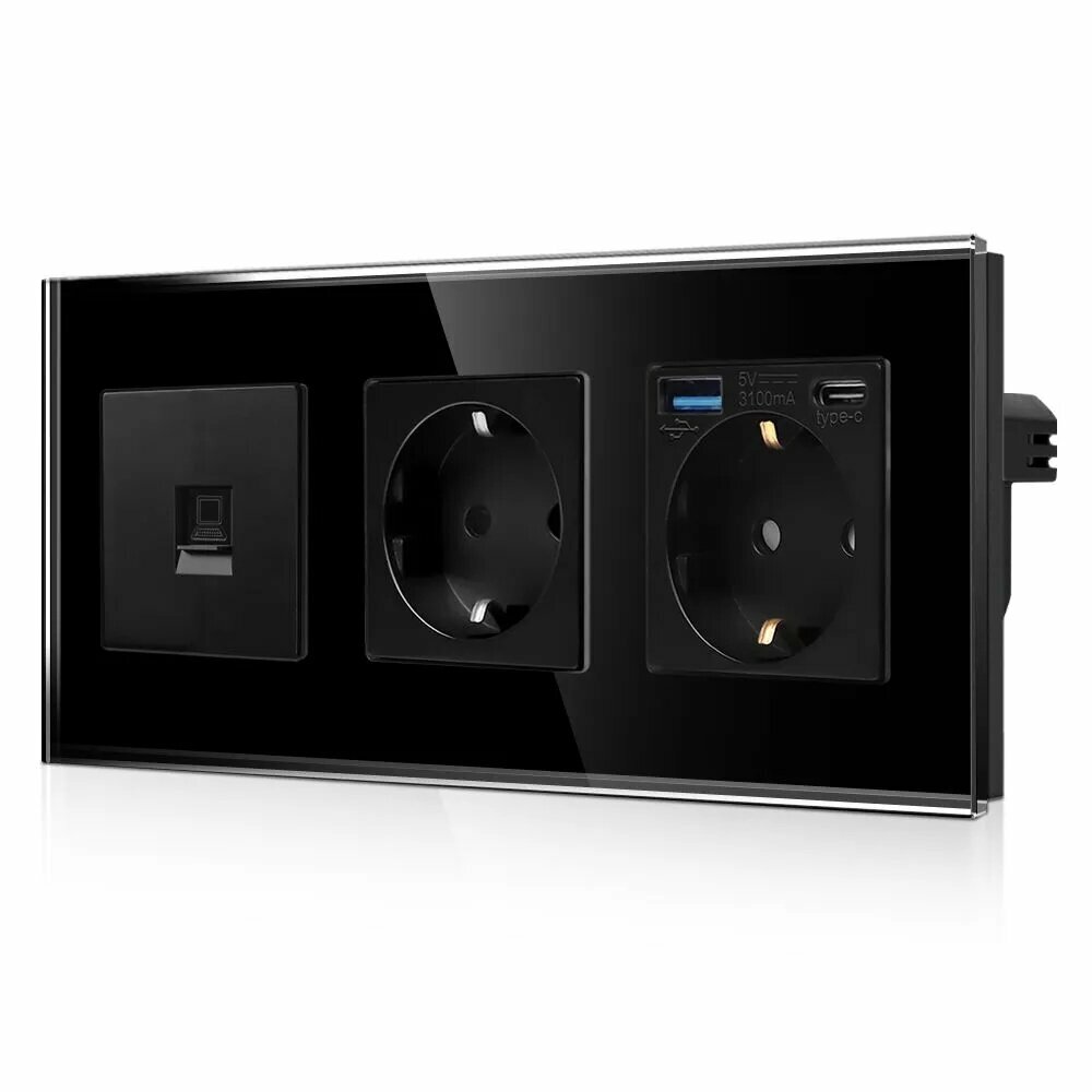 Розетка электрическая 3 поста с USB/Type-C+RJ45 Ethernet 220В 16А Стекло Рамка черный