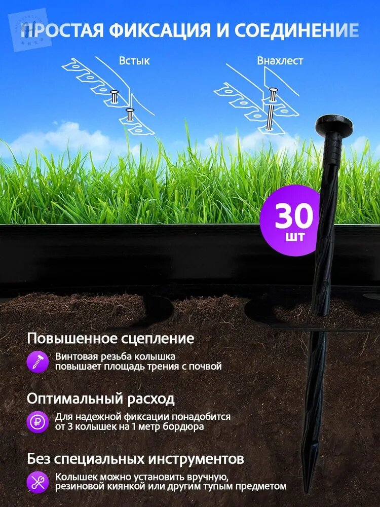 Бордюр садовый пластиковый черный 10м x 3.8см - Гибкая садовая лента с колышками для клумб — фото 1