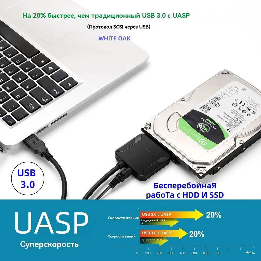 Кабель для компьютерной периферии USB 3.0 Type-A/SATA 22-pin, черный