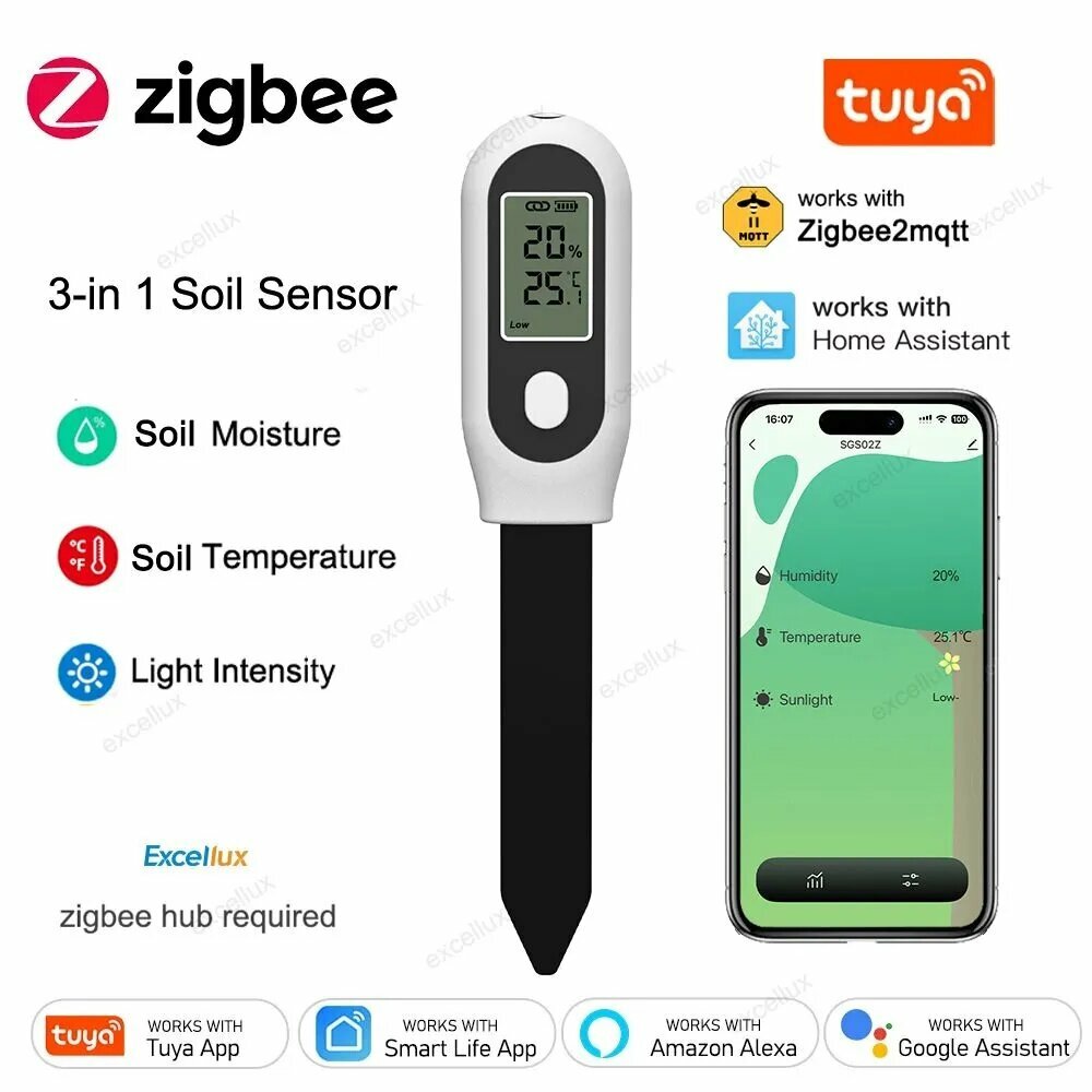 Датчик влажности и температуры почвы Zigbee Tuya, С дисплеем