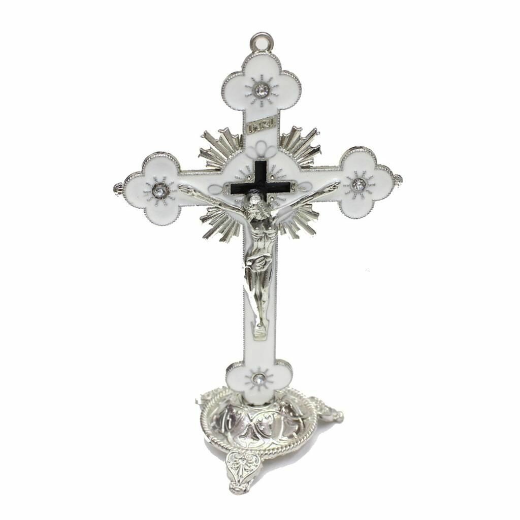 Металлический крест с распятием Иисуса Христа - белый