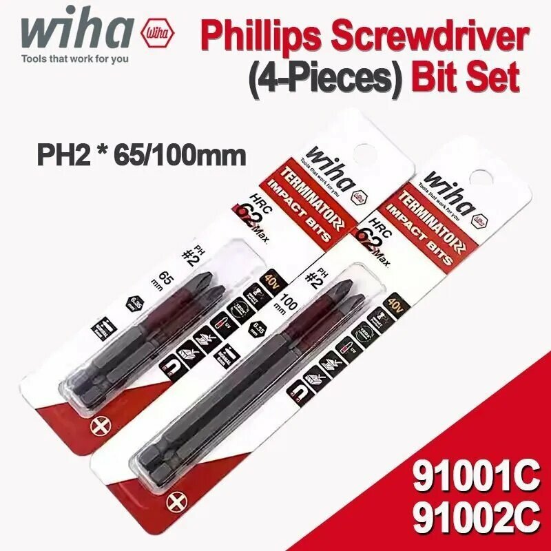 Wiha Бита для шуруповерта, набор 4 шт, Крестообразная отвертка--PH2, Длина 65/100 мм, 91001C+91002C