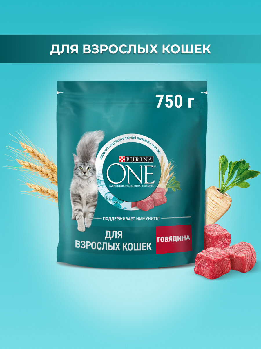 Сухой корм PURINA ONE® для взрослых кошек с говядиной, 750 г