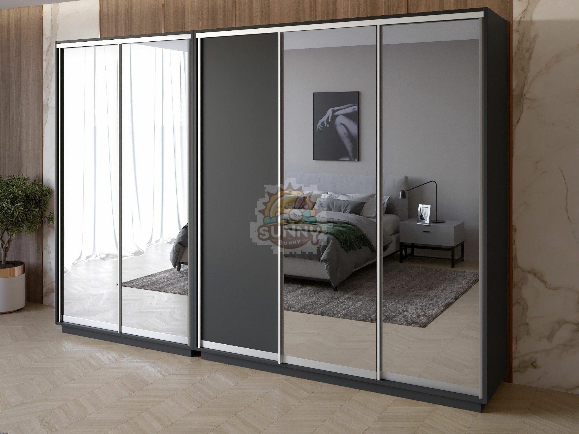 Шкаф-купе Вилли 5-ти дверный модульный (2+3) ЛДСП-1/Зеркало-4, профиль серебро, 300х60х240 см. Серый диамант