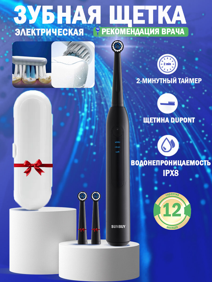 Электрическая зубная щетка, Взрослая электрическая щетка IPX8, сменная насадка, дорожный футляр, Черная