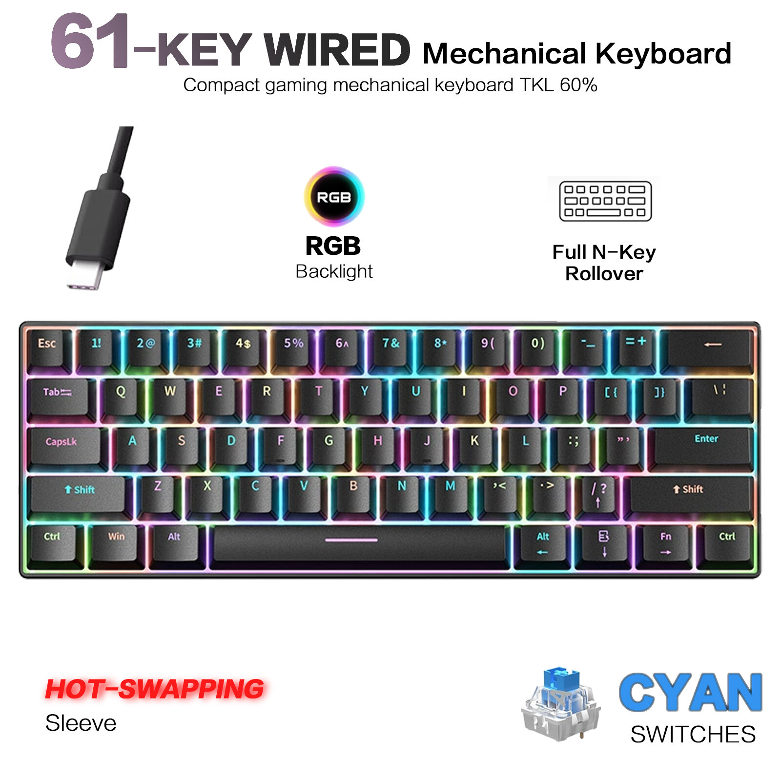 Механическая игровая клавиатура на 61 клавиш, проводная, с RGB-подсветкой, переключатели Blue, настраиваемая