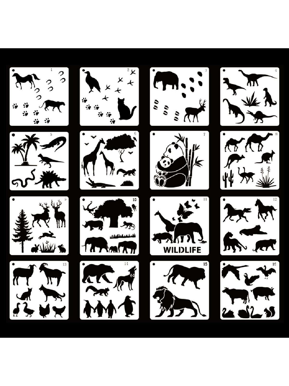 16 шт. Набор трафаретов для рисования мультфильмов "Дикие животные" для детей