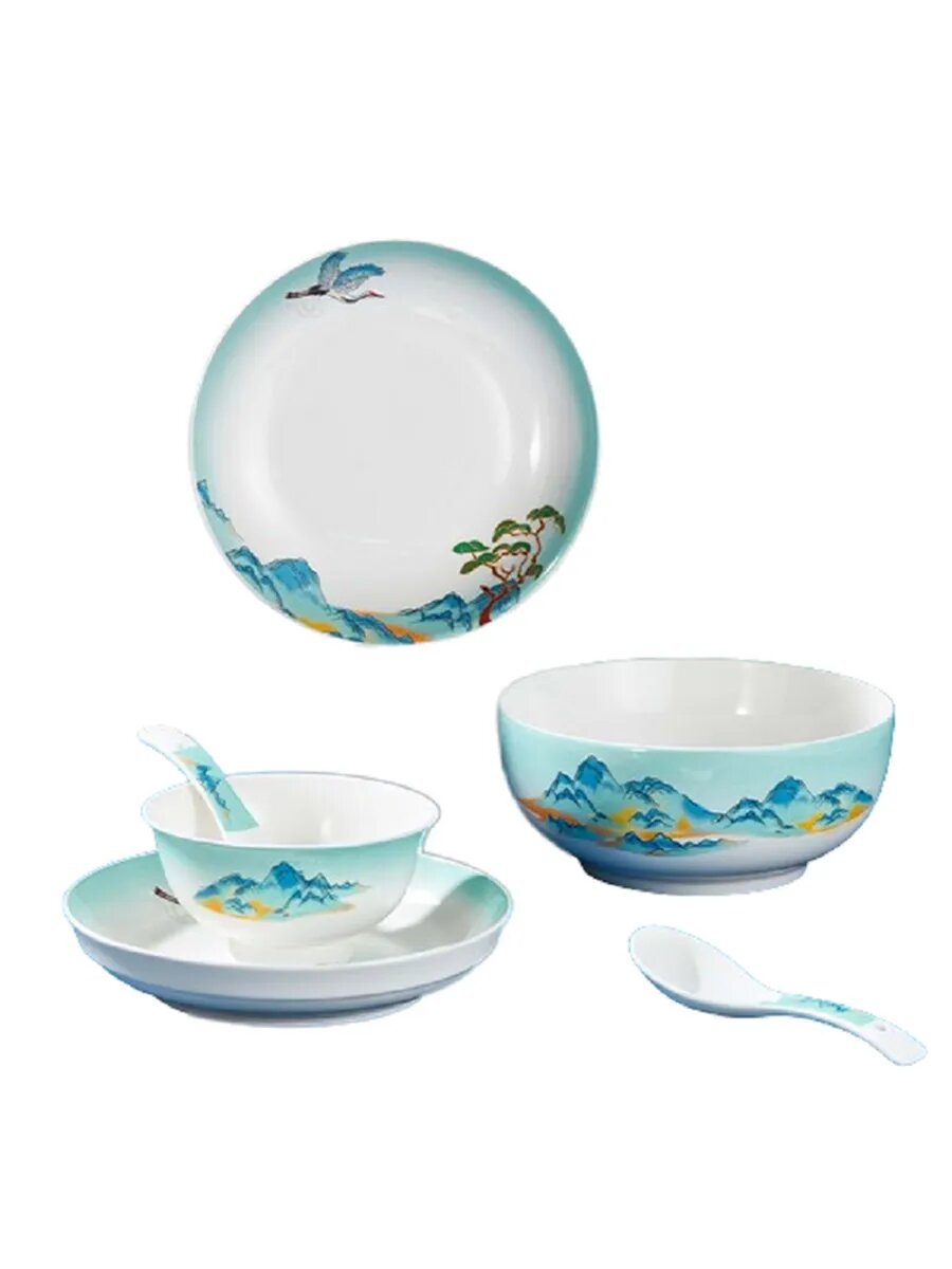 Набор посуды из костяного фарфора 16 предметов, голубой