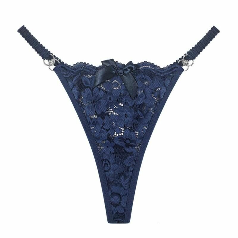 Женские прозрачные трусики-стринги с кружевами, темно-синий - L