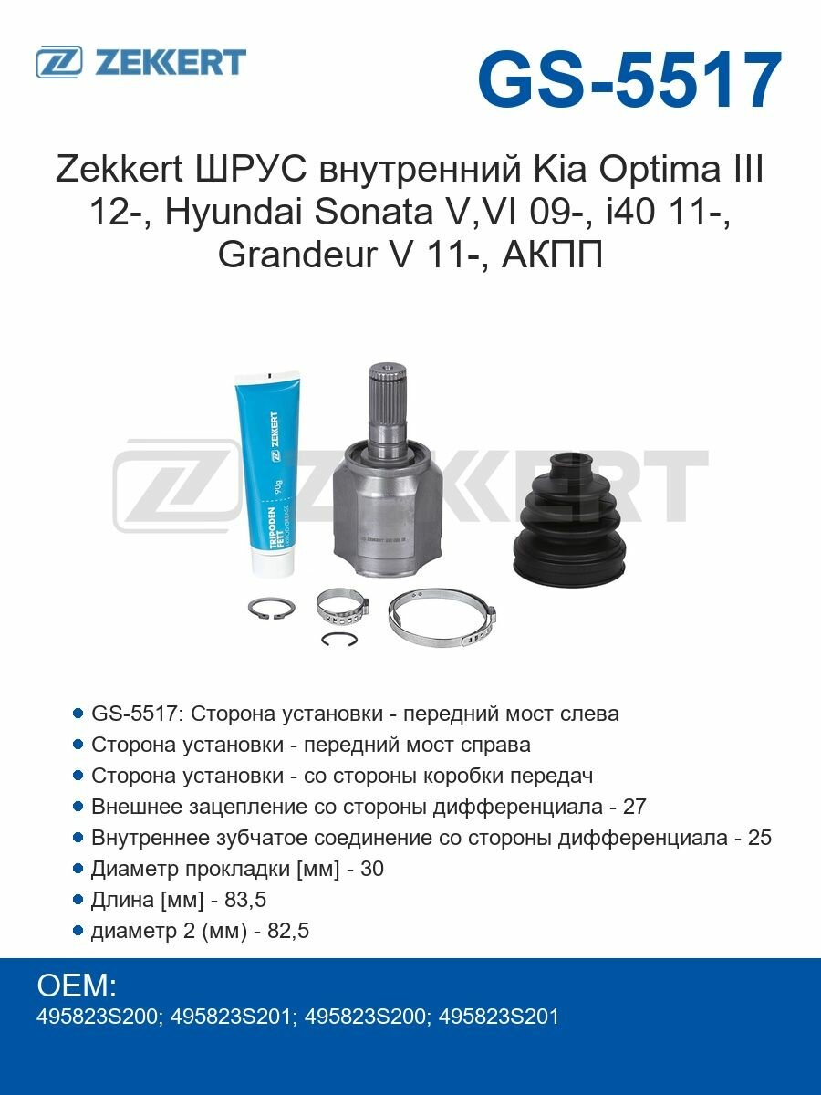 Zekkert ШРУС внутренний Kia Optima III 12-, Hyundai Sonata V, VI 09-, i40 11-, Grandeur V 11-, АКПП