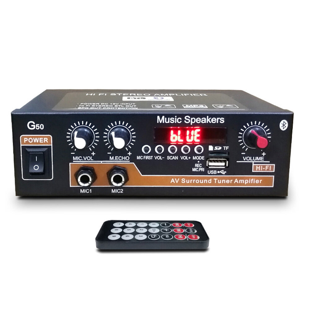 Усилитель мощности G50 20W+20W с функциями Bluetooth, карты памяти, FM, USB-флешки, для домашнего кинотеатра, автомобильной аудиосистемы, сабвуфера, черный цвет, материал металл+пластик, разъемы EU-plug/US-plug (выбор), батарейка пульта 1*CR2025 3V