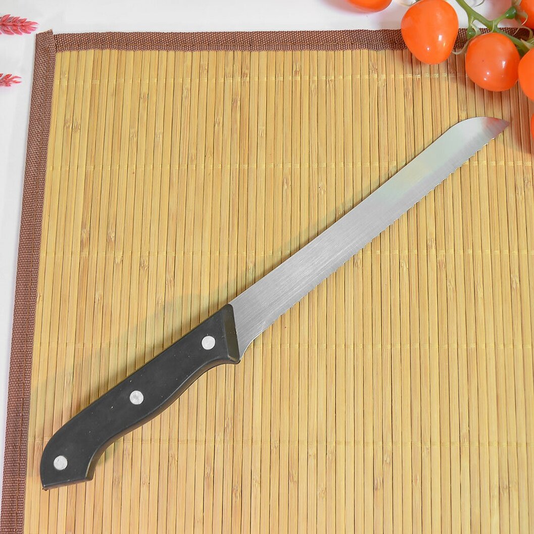 Нож для хлеба 31 см, нержавеющая сталь, серрейторное лезвие, черная пластиковая ручка