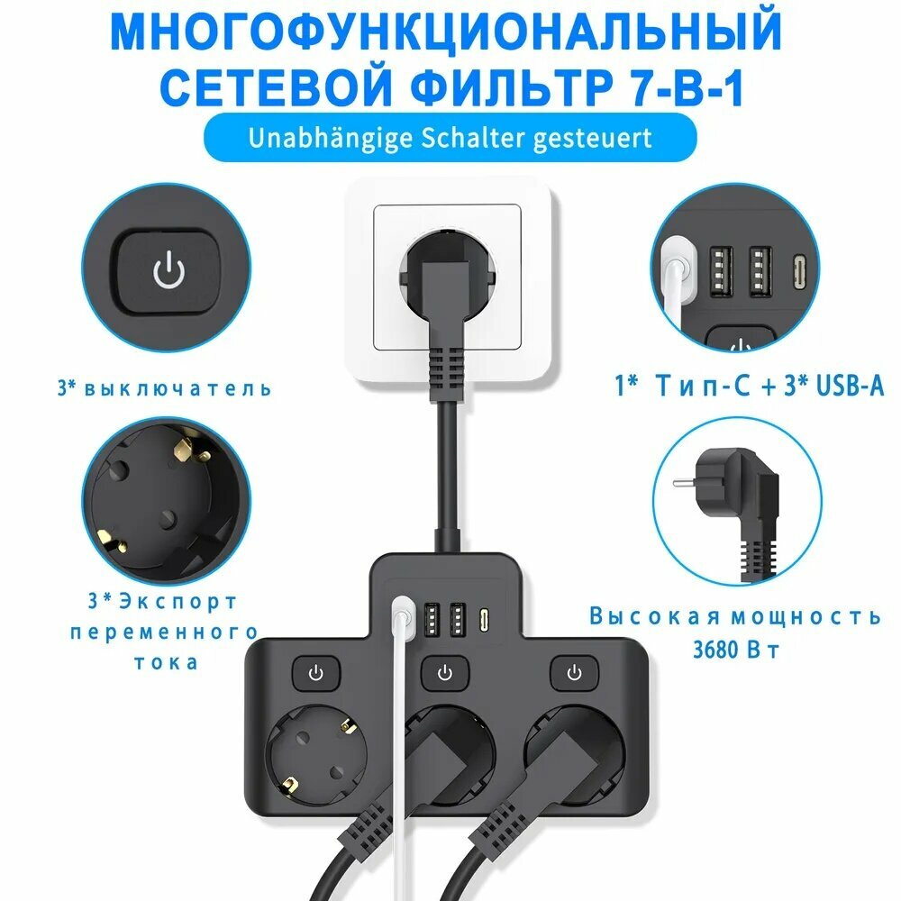 HITRENDS Поворотная розетка на 180 с 3 евророзетками (чёрная), 3 USB и 1 Type-C, 250V 16A, индивидуальные выключатели, защита от детей, защита от перегрузки, огнестойкая