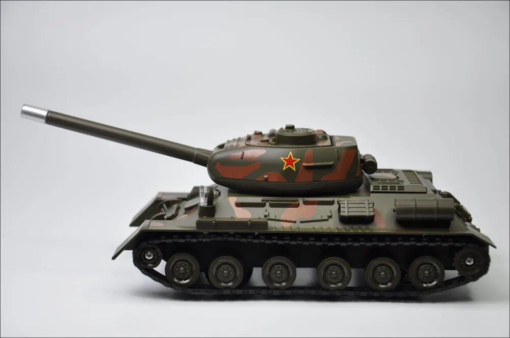 Игрушечная машинка Советский танк Т-34, 1/36, с имитацией выхлопа/дымом, зелёный-коричневый камуфляж, 23 см — фото 1