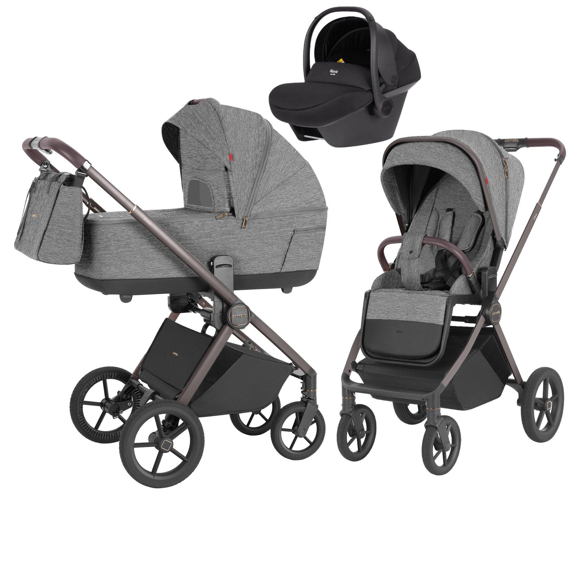 Коляска Carrello Ultra, 3 в 1, люлька, шасси, прогулочный блок, автолюлька, серая