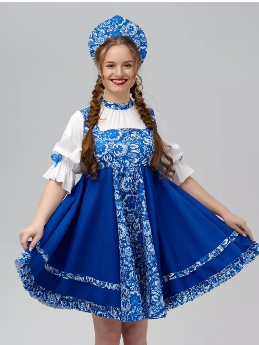Русский народный костюм женский с кокошником Гжель, синий, XXS/XS (40-42)