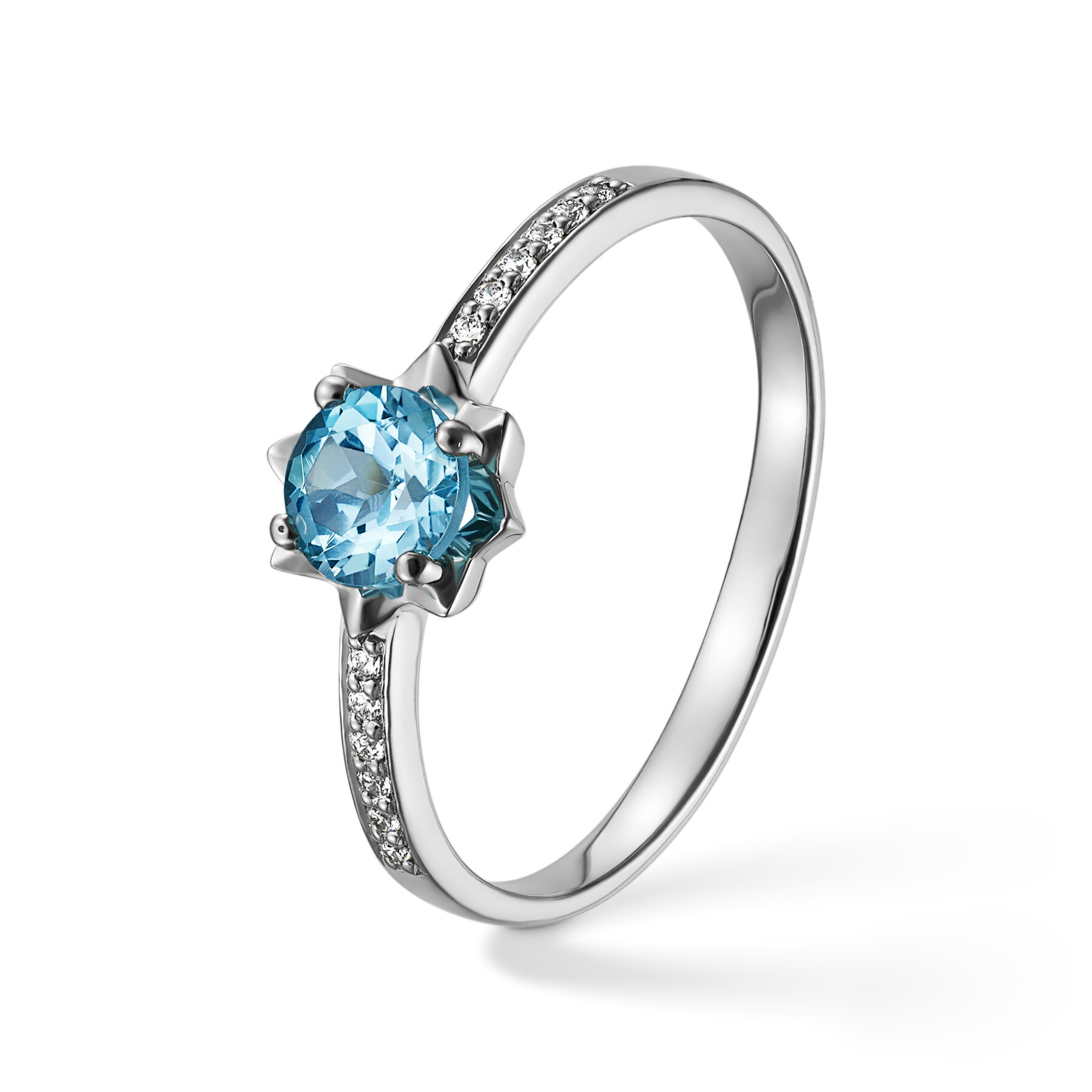 Кольцо помолвочное, белое золото, 585 проба, Лондон топаз, бриллиант