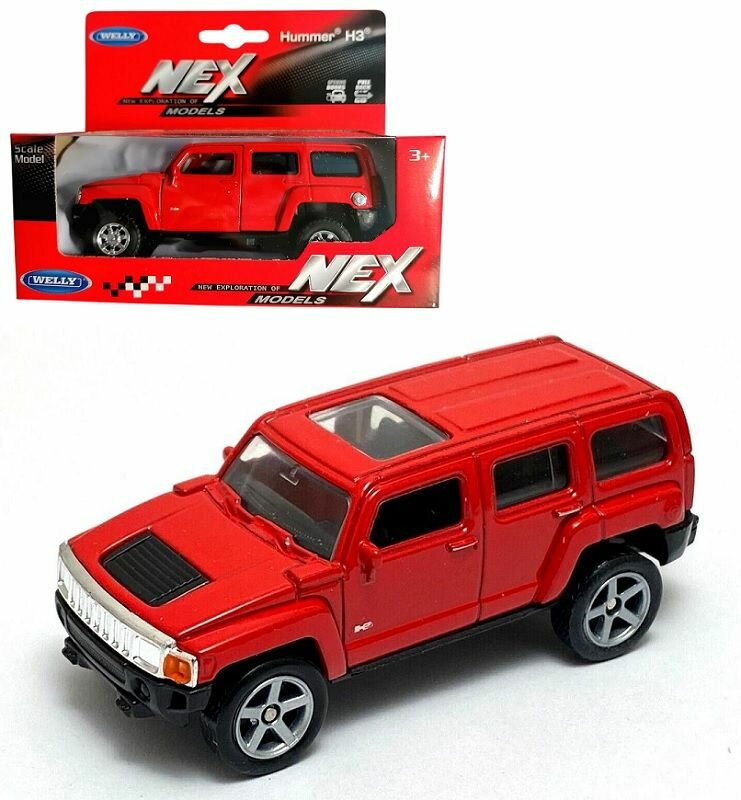 Машинка Welly Hummer H3. масштаб 1:38, металлическая, пружинный механизм, красный цвет