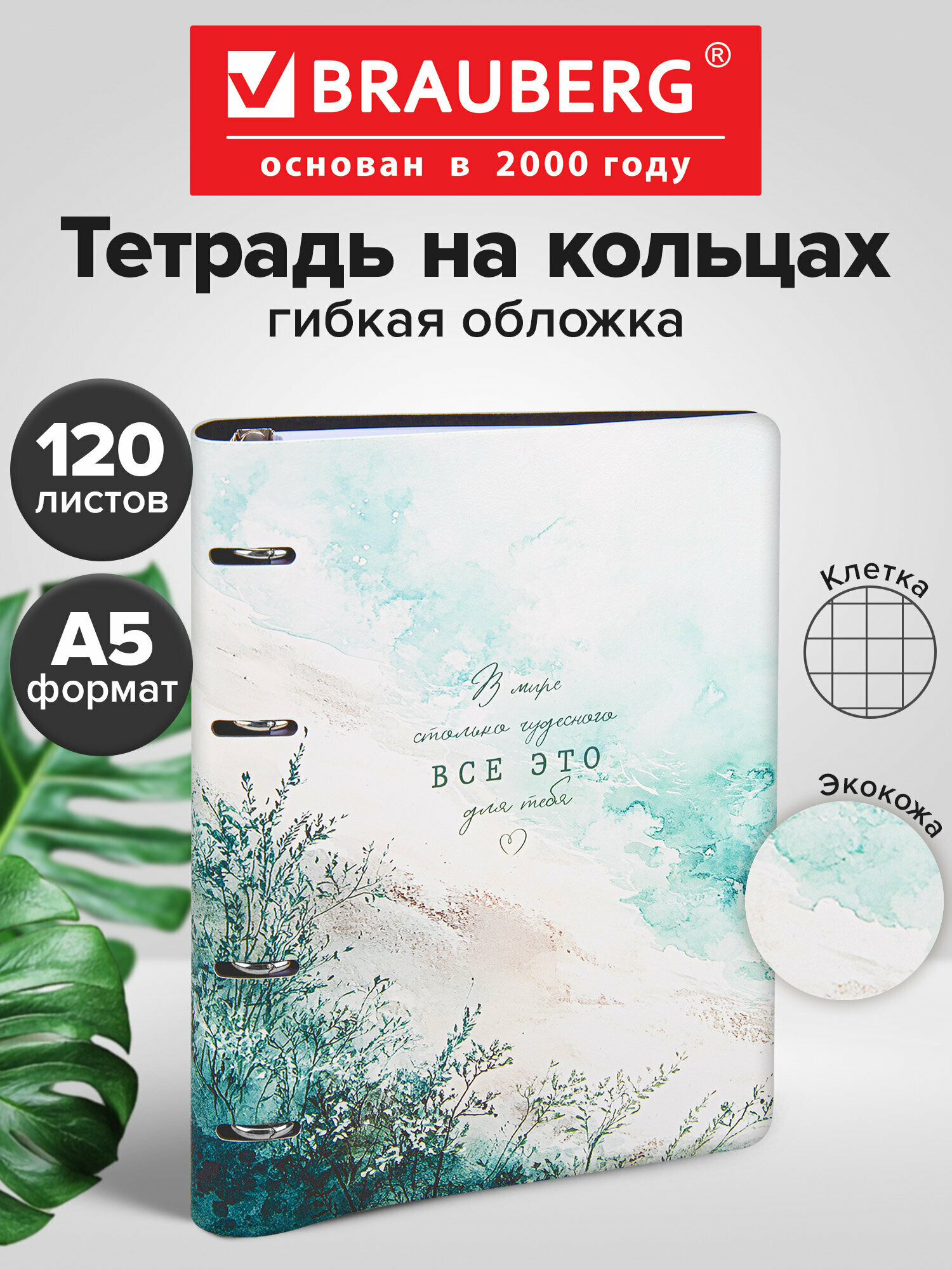 Тетрадь на кольцах А5 в клетку со сменным блоком 175х215 мм 120 л, обложка под кожу, Акварель, Brauberg Vista, 405217