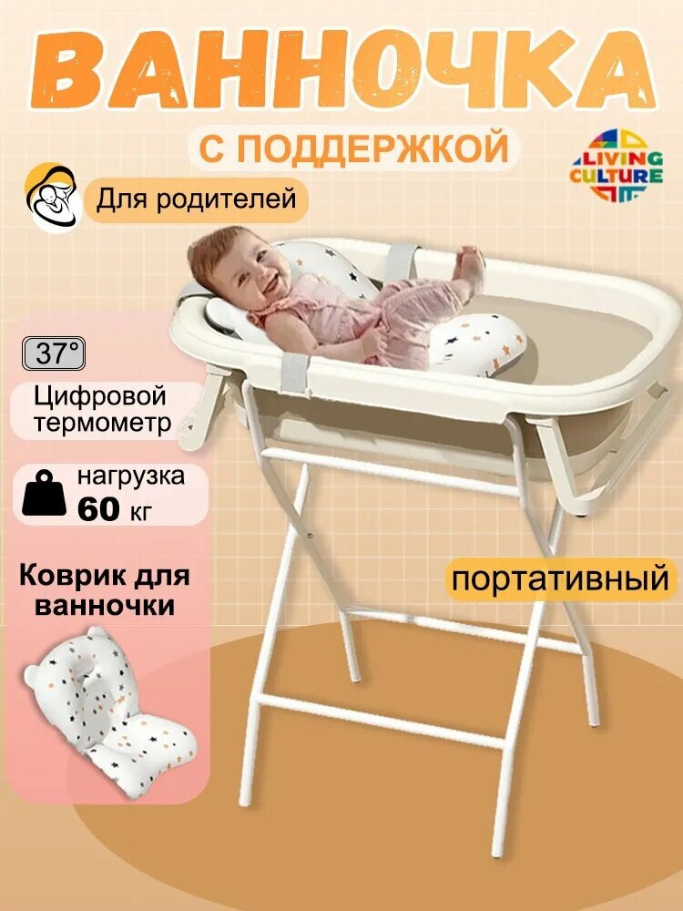 Складная детская ванночка и подставка с матрасом в комплекте, выдерживает до 60 кг, со встроенным термометром
