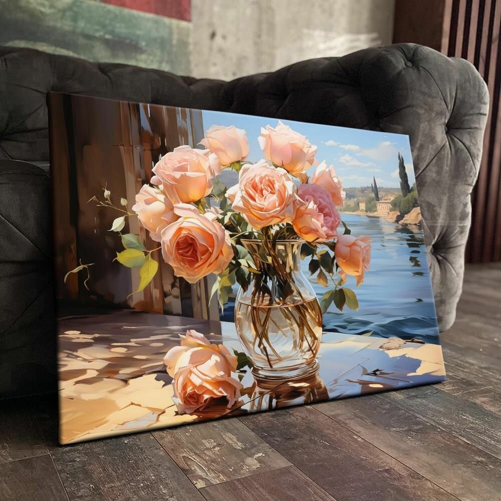 Картина на холсте (Цветы, букет, арт, розы, ваза, вода) 80x110 см. Интерьерная на стену в спальню/гостинную/кухню. В подарок на праздник.
