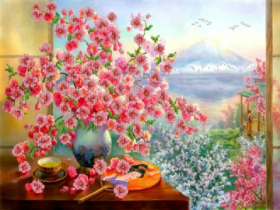 Канва с рисунком Каролинка #ТКБЦ 3078 Букет сакуры, 36 х 27 см (Бисер в комплект не входит.)