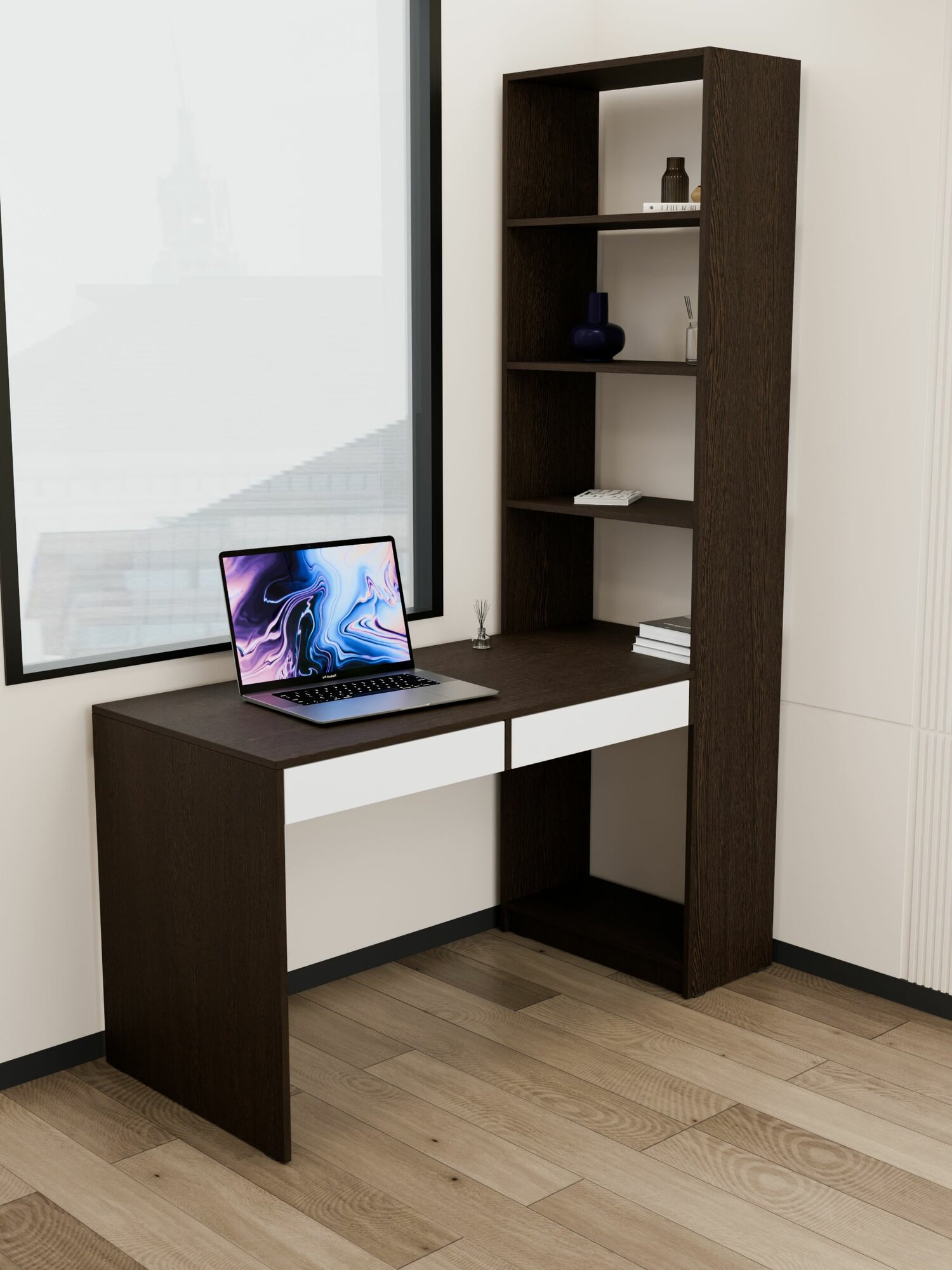 Изумлит Стол-стеллаж письменный угловой для учебы и работы Джокер, стеллаж справа 200х59.2х140 см, венге-белый