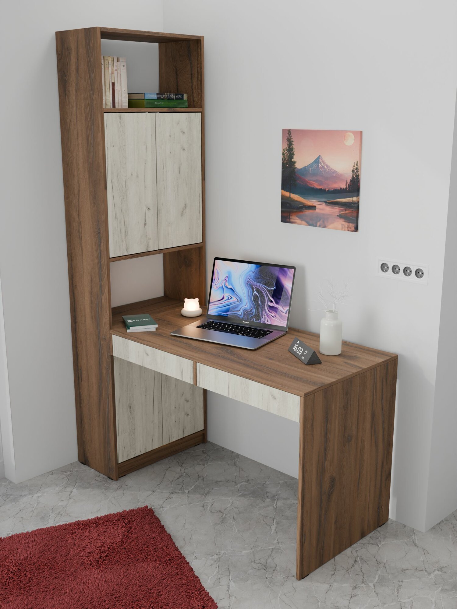 Изумлит Стол-стеллаж с дверьми письменный угловой, стеллаж слева 200х140х59.2 см, дуб крафт табачный - дуб крафт белый