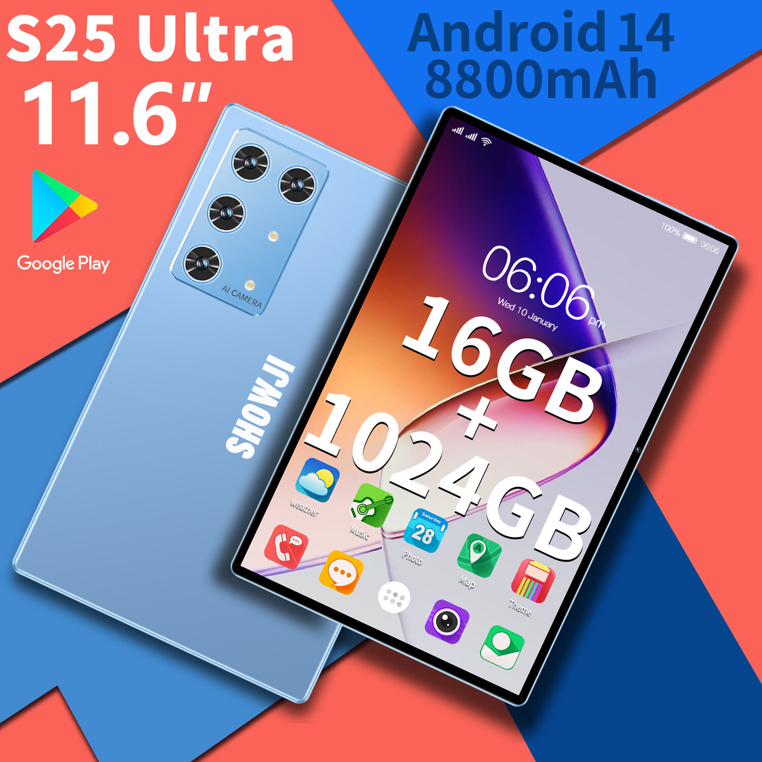 Игровой планшет S25 Ultra ,11.6" 16 GB/1 TB, 12 ядер, 90 Hz, Bluetooth 5.0, FM-тюнер, синий